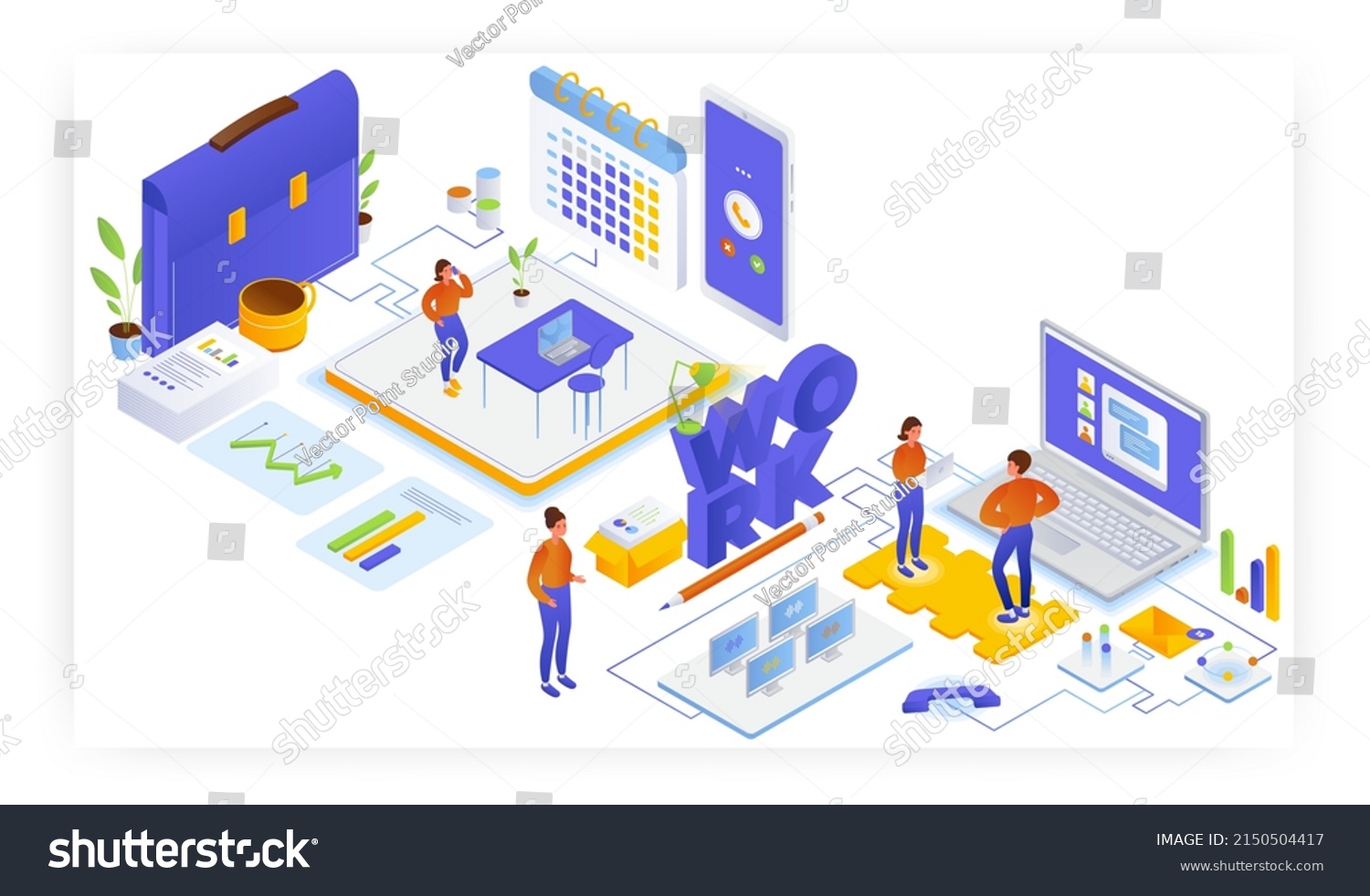 Office Work Flat Vector Isometric Illustration Stock Vector (Royalty ...