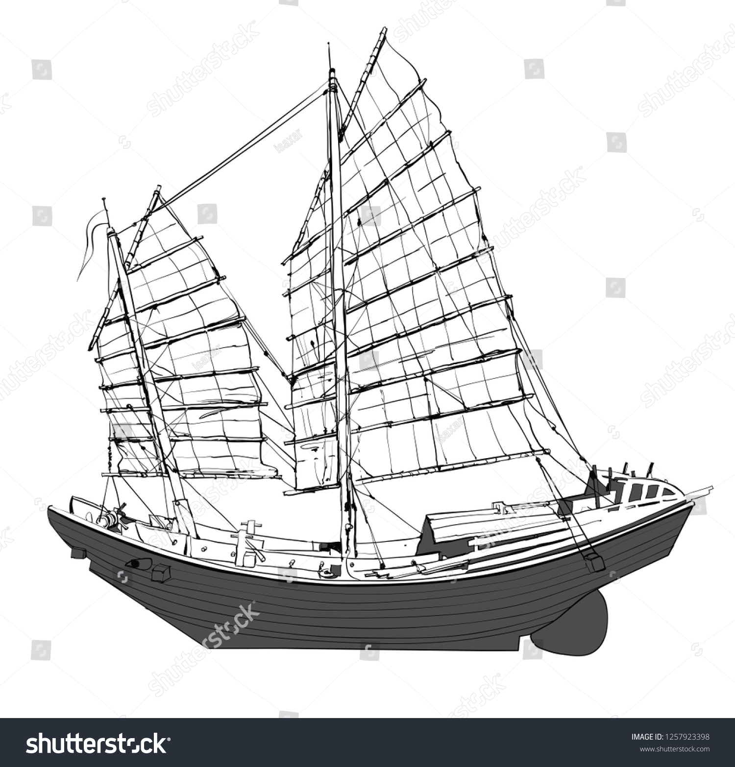 Old Chinese Junk Vector Illustration Stock Vector (Royalty Free) 1257923398