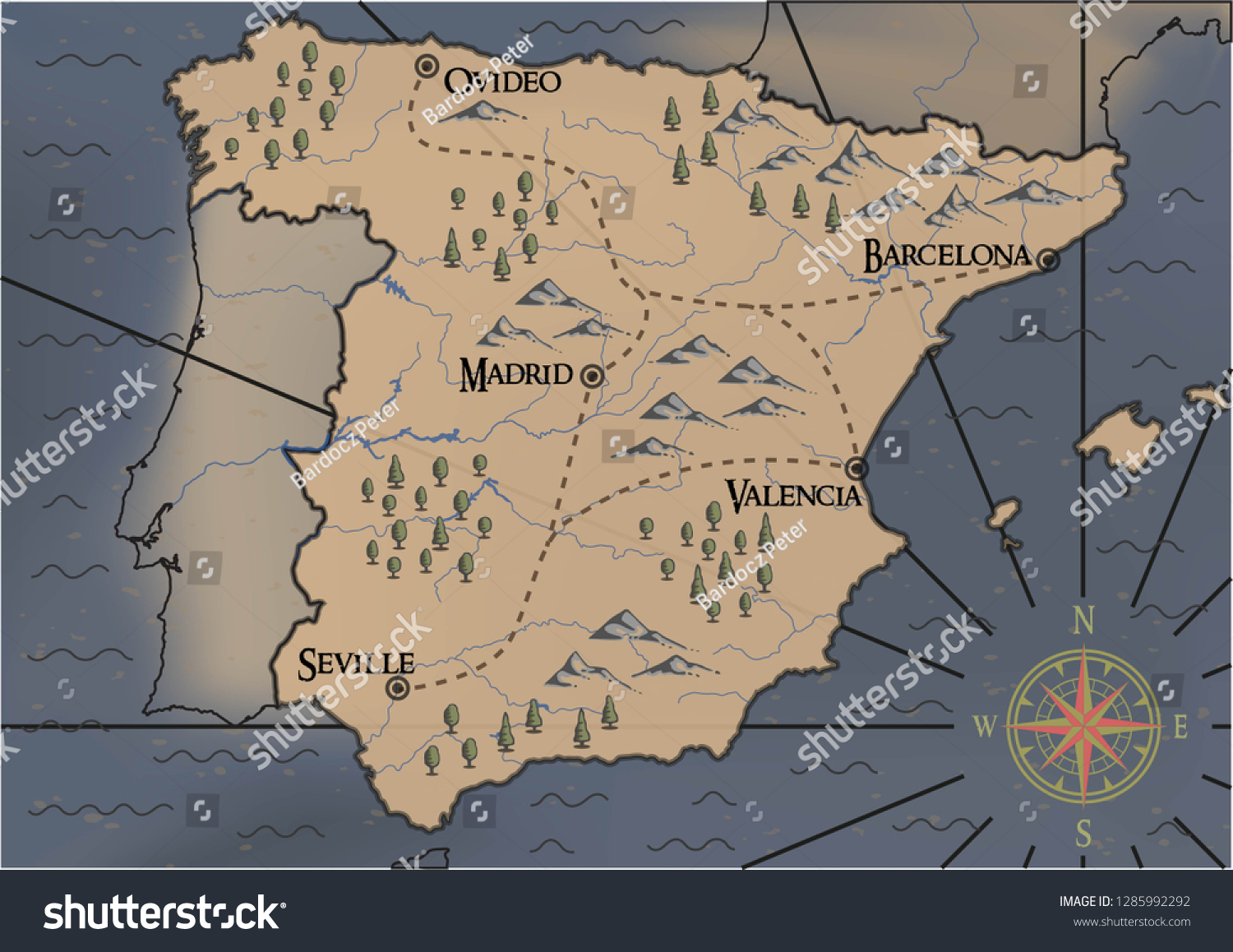 Old Fantasy Themed Spain Vector Map Stock Vector (Royalty Free ...