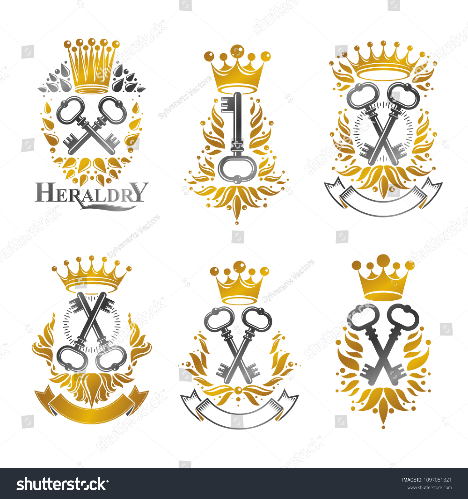 Old Turnkey Keys Emblems Set Heraldic Stock Vector (Royalty Free ...