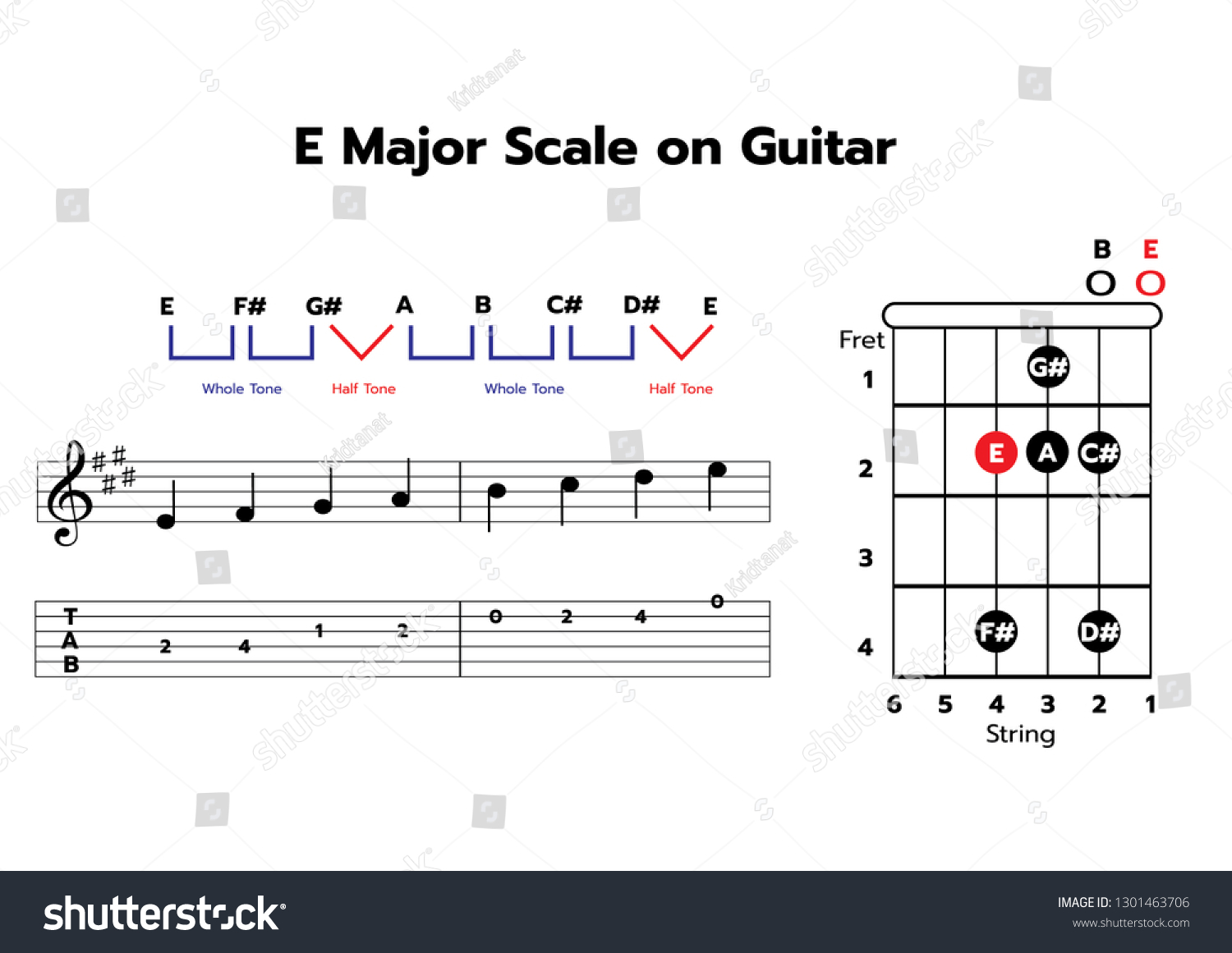 Vektor Stok Oneoctave E Major Scale On Guitar (Tanpa Royalti ...