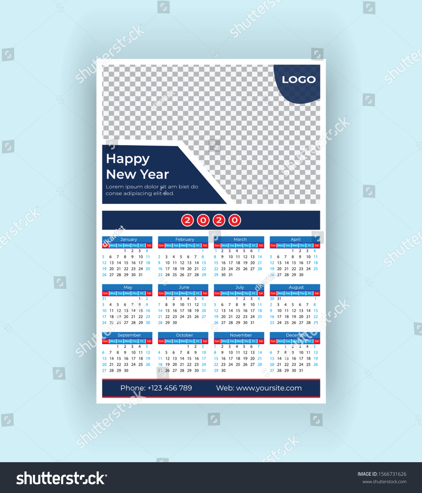 One Page Calendar 2020 Template: vector de stock (libre de regalías ...