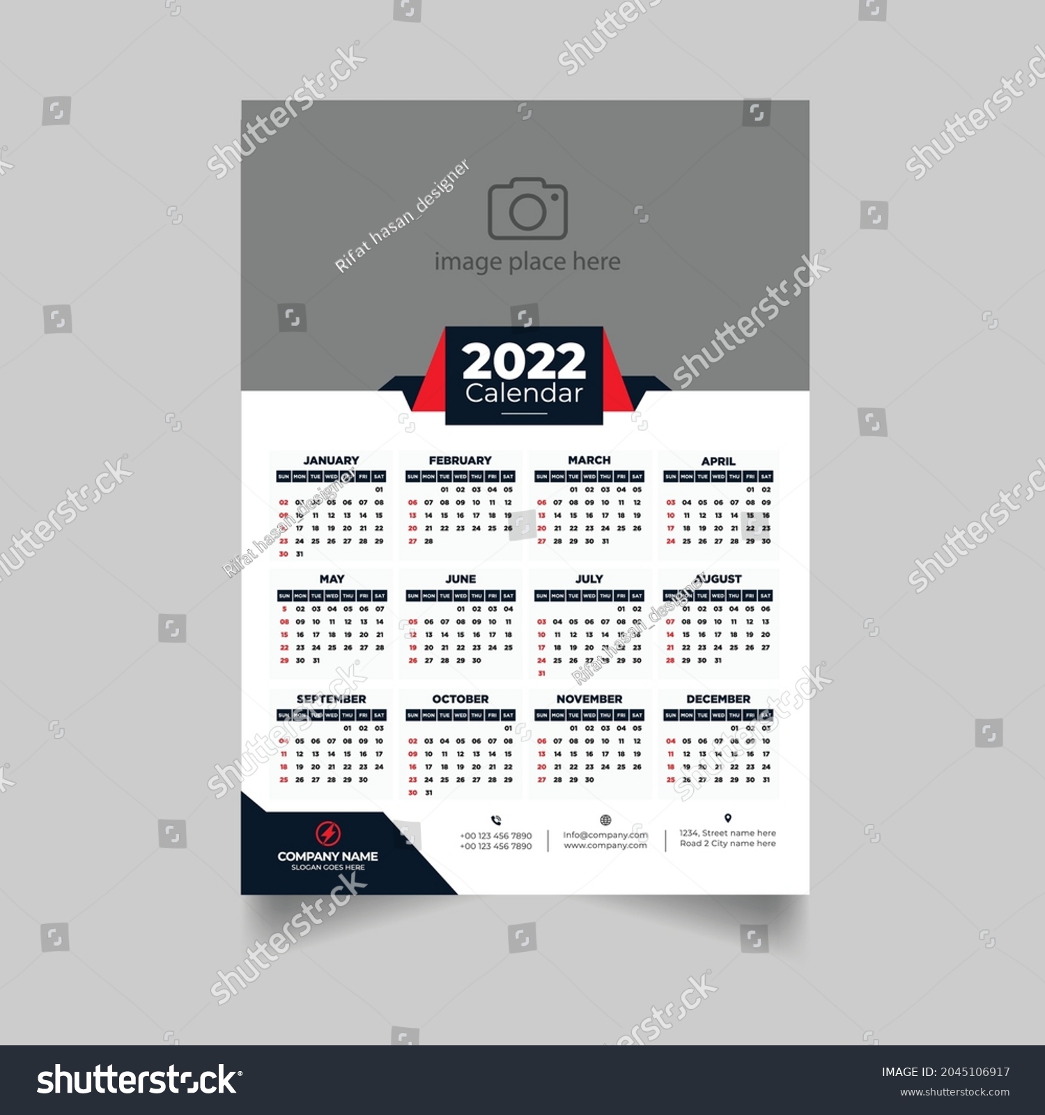 One Page Wall Calendar Design Template Stock Vector (Royalty Free ...