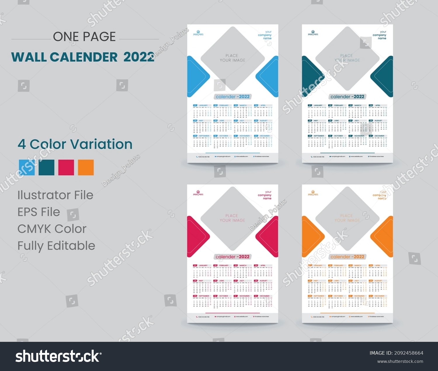 One Page Wall Calender Template 2022 Stock Vector (Royalty Free ...