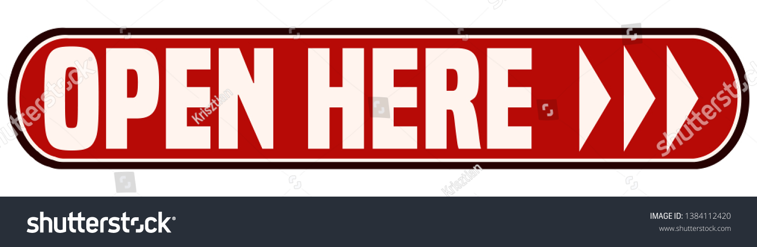 Open Here Red Sticker Sign Stock Vector (Royalty Free) 1384112420