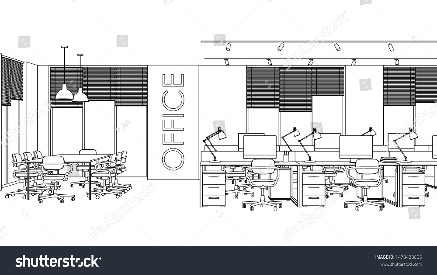 Openspace Linear Sketch Interior 3d Rendering Stock Vector (Royalty ...