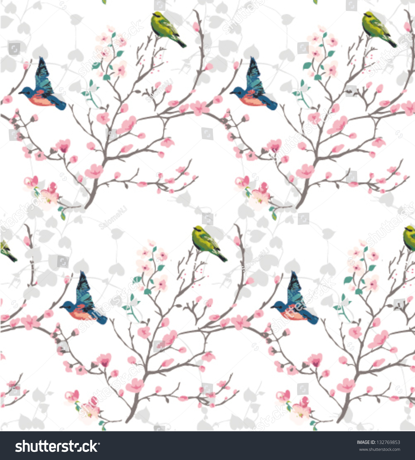 Orient Style Flowerseamless Spring Branch Bird Stock Vector (Royalty ...