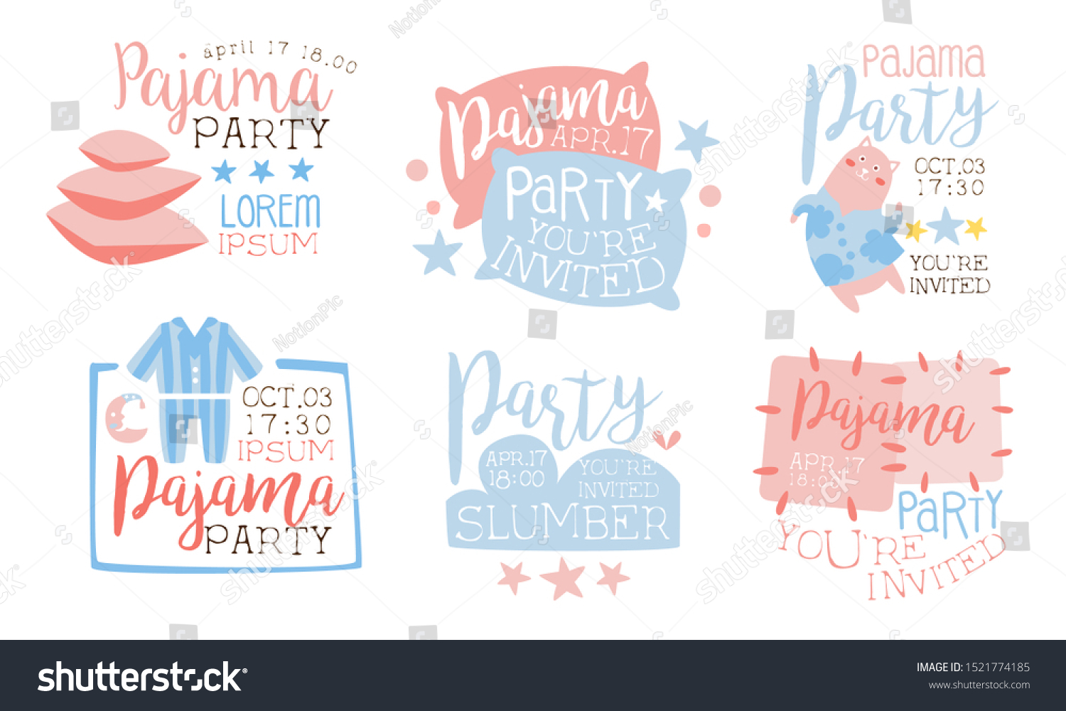 Vektor Stok Pajama Party Invitation Card Templates Set Tanpa Royalti