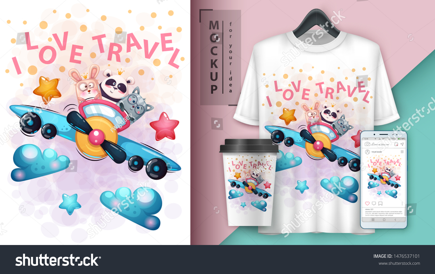 Panda Cat Rabbit Fly Mockup Your Stock Vector (Royalty Free) 1476537101 ...