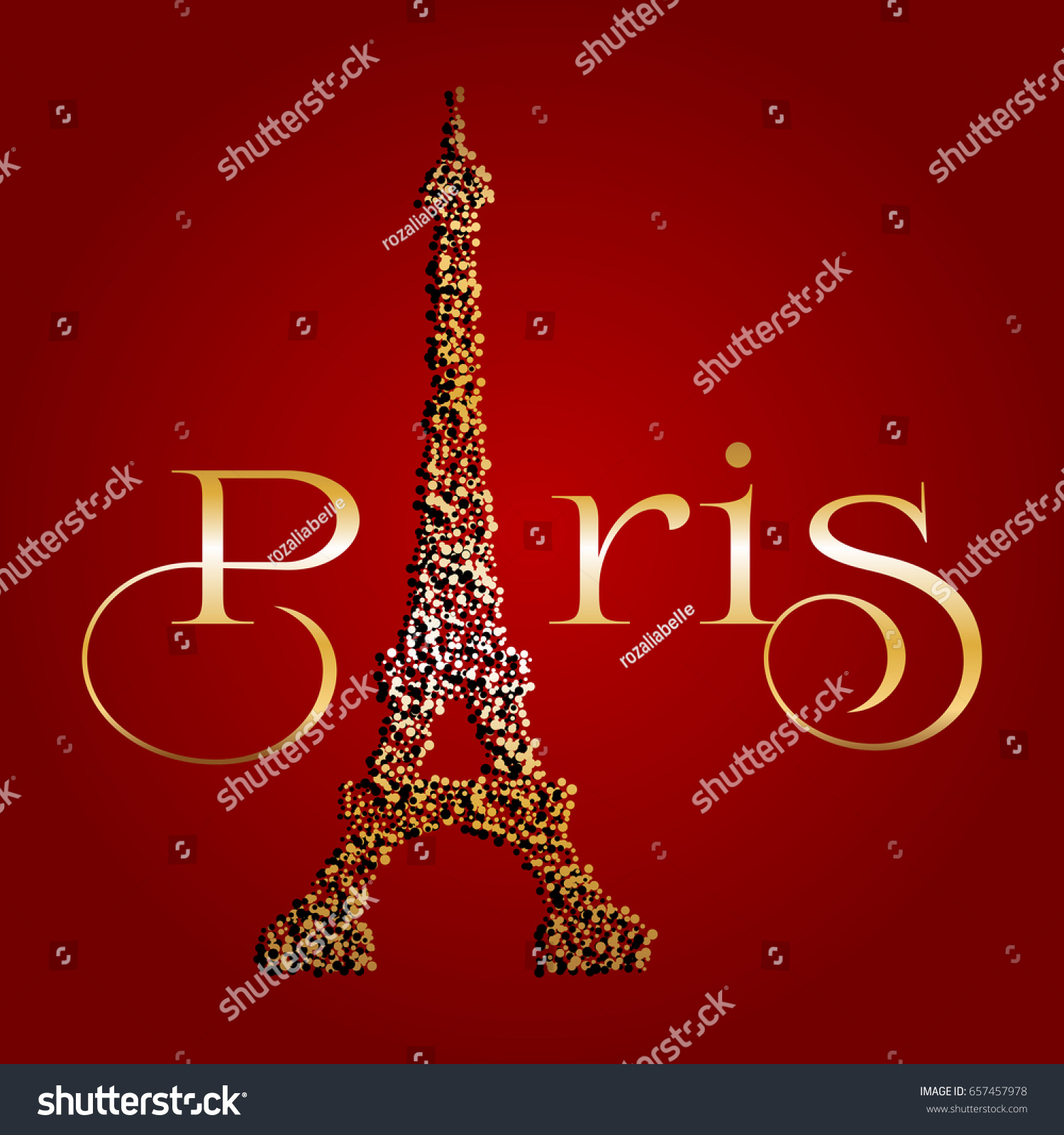 Vektor Stok Paris Eiffel Tower Gold Text On (Tanpa Royalti) 657457978 ...