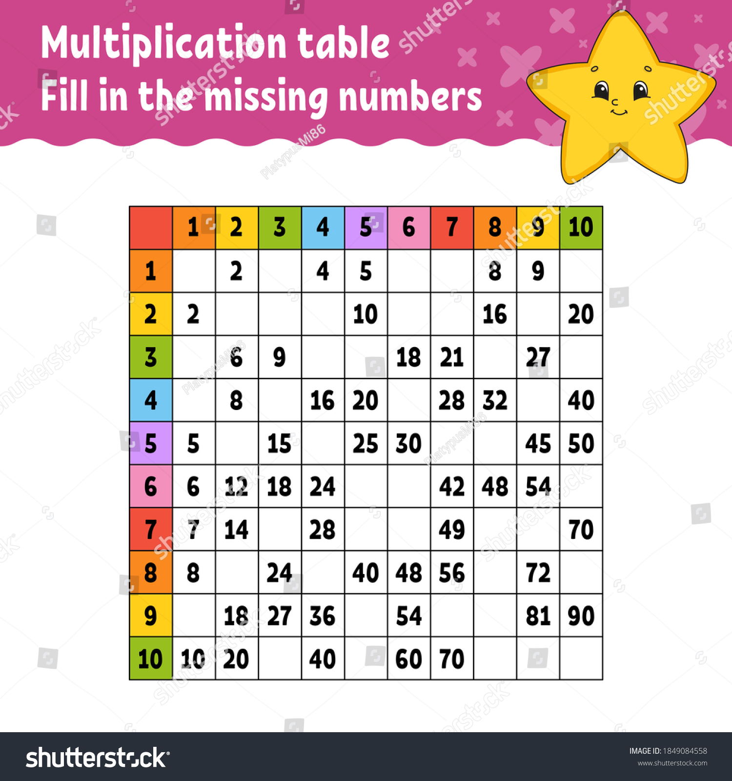 Paste Missing Numbers Learning Multiplication Table: Vector có sẵn ...