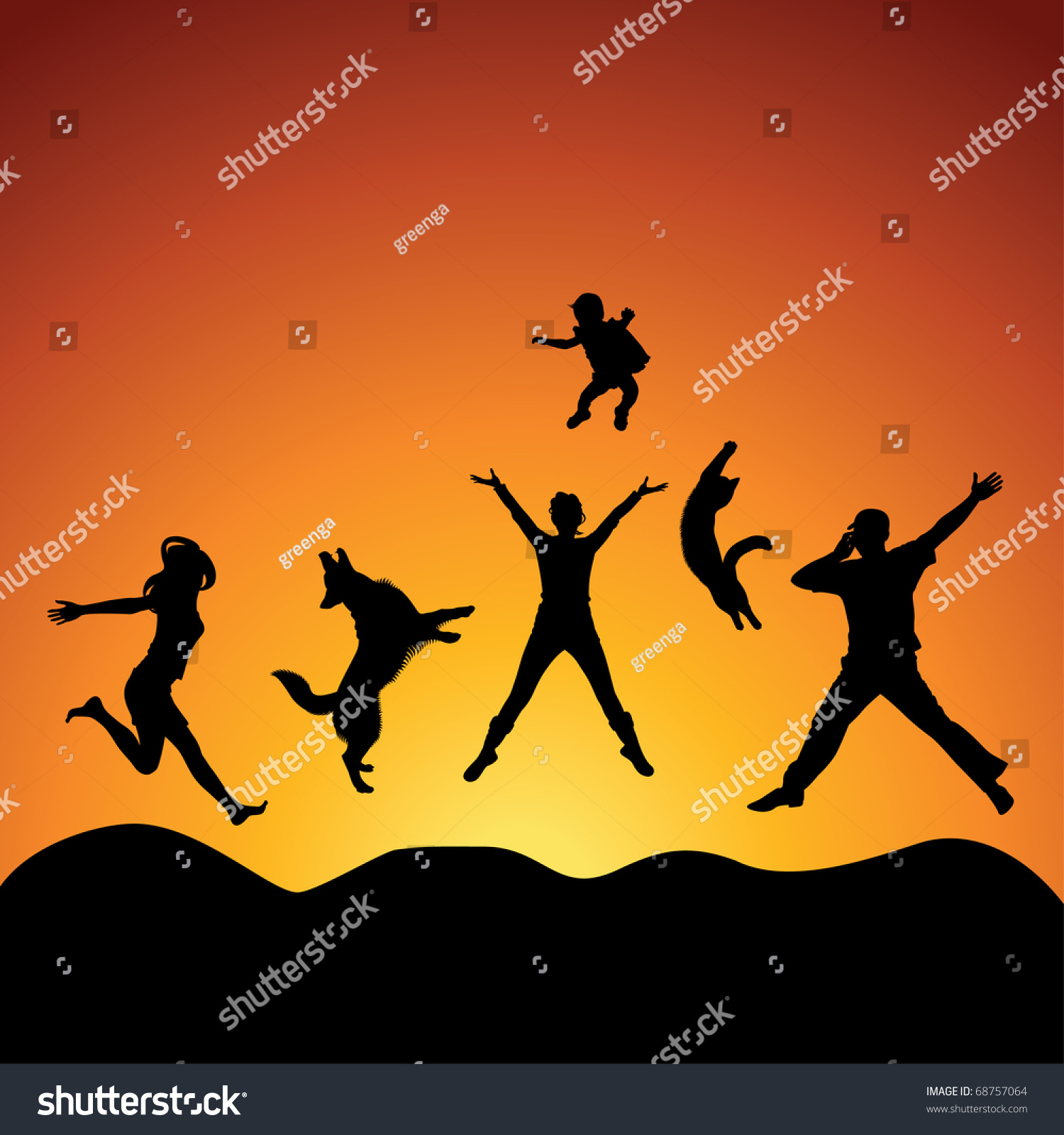 People Pets Jumping Over Sunset Vector Stock Vector (Royalty Free) 68757064