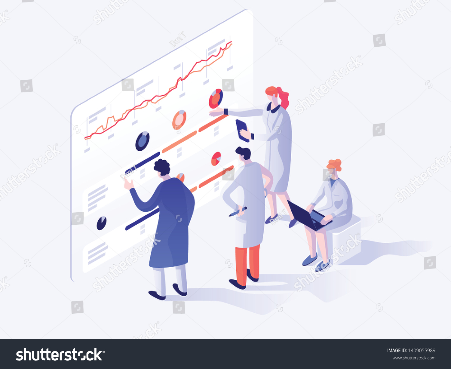사람들은 대시보드를 만들고 그래프와 상호 작용합니다데이터 스톡 벡터로열티 프리 1409055989