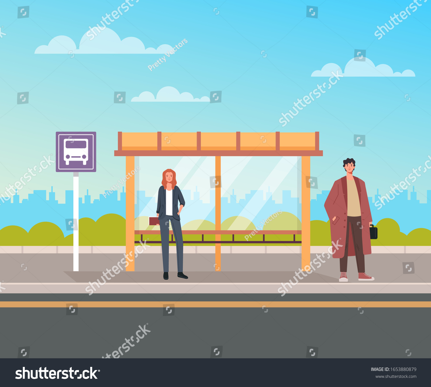 People Characters Waiting Bus On Bus Stock Vector (Royalty Free) 1653880879