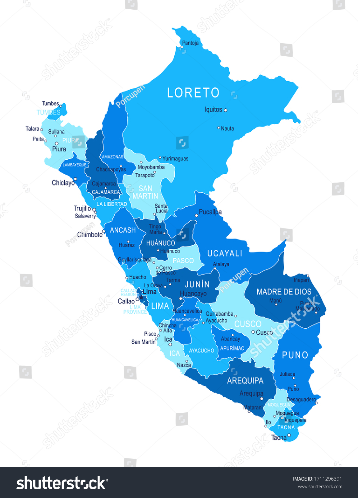Mapa de Perú. Regiones de ciudades: vector de stock (libre de regalías ...