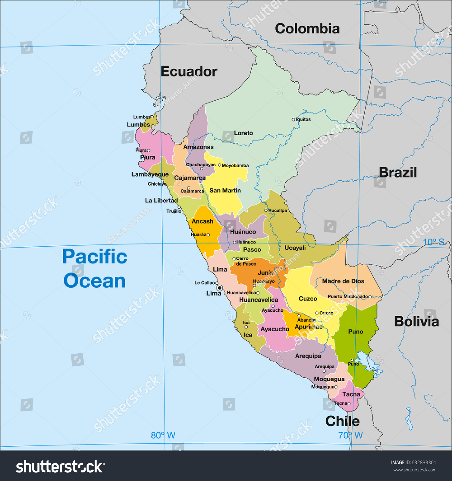 Peru Political Map: immagine vettoriale stock (royalty free) 632833301 ...