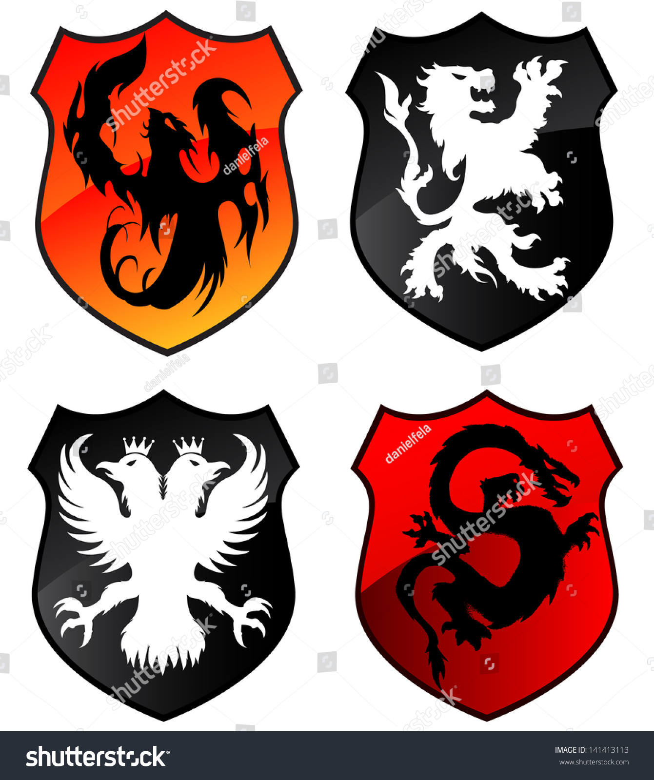 Phoenix Lion Eagle Dragon Shields Stock Vector (Royalty Free) 141413113