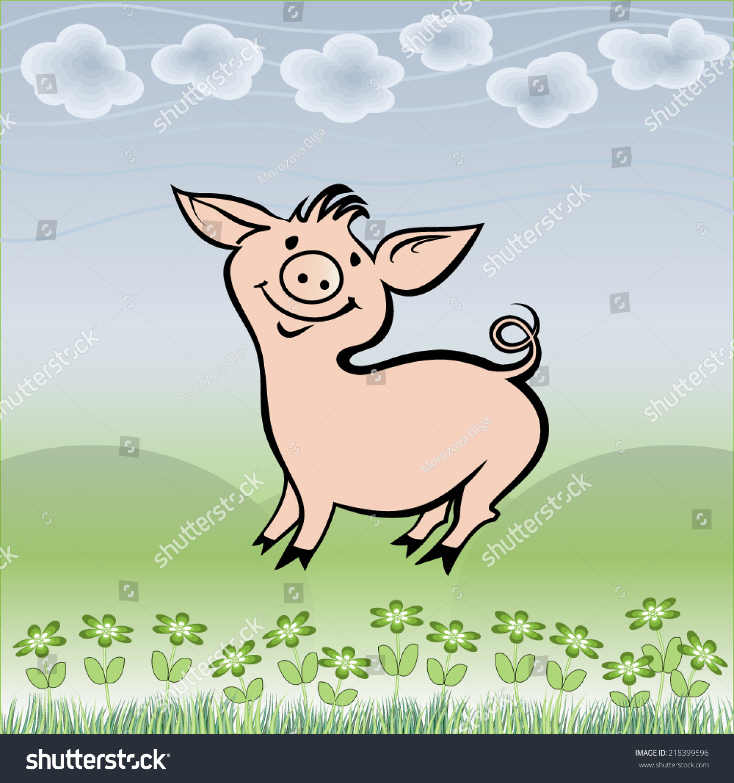 Pig On Field Vector Drawing: vector de stock (libre de regalías ...