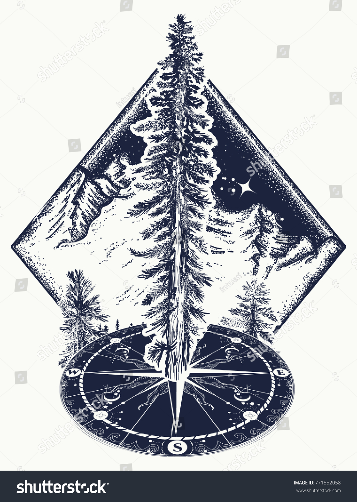 Pine Tree Compass Tattoo Symbol Tourism Vector De Stock Libre De Regalías 771552058