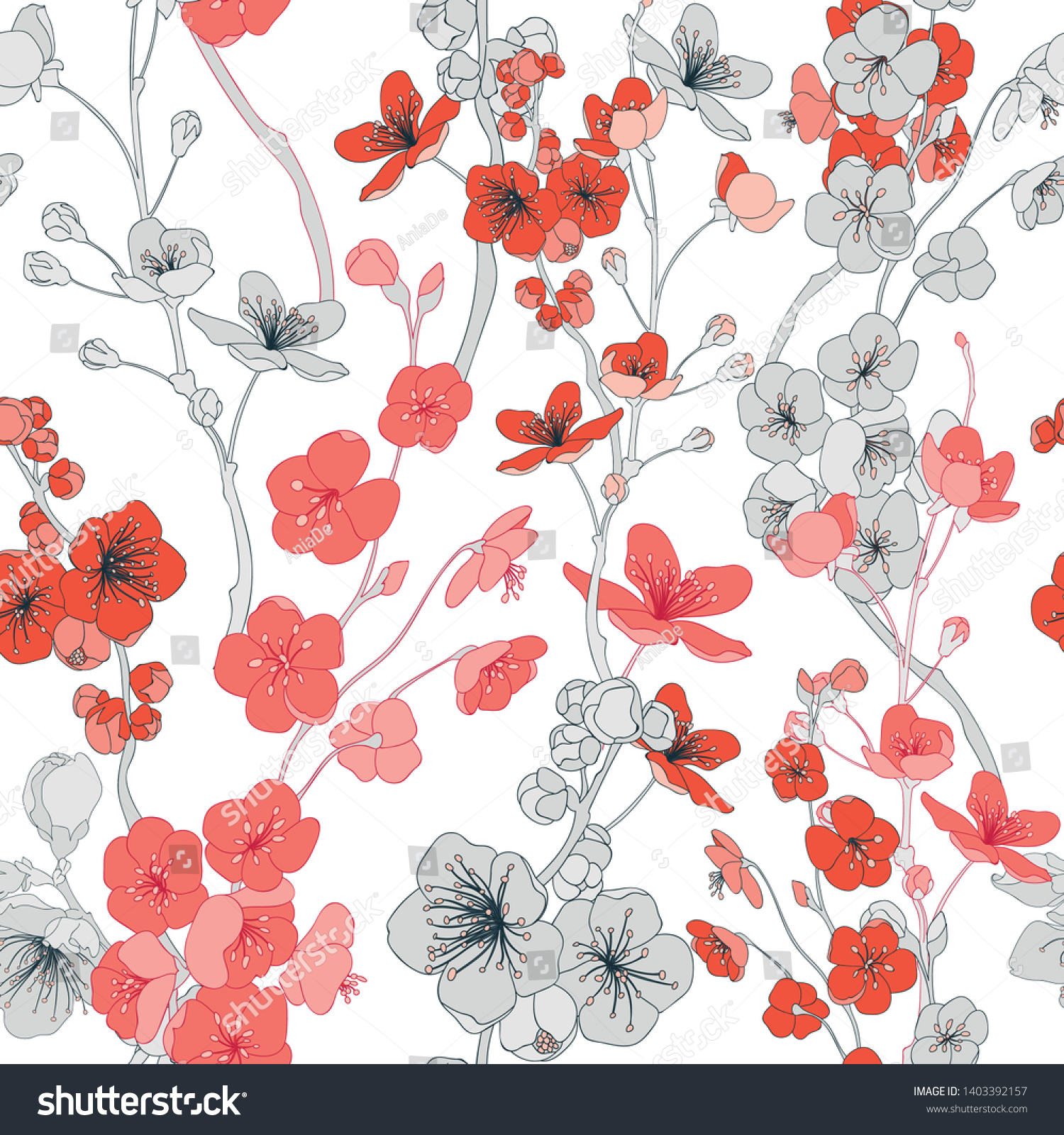 Pink Cherry Vector Seamless Art Botanical Stock Vector (Royalty Free ...