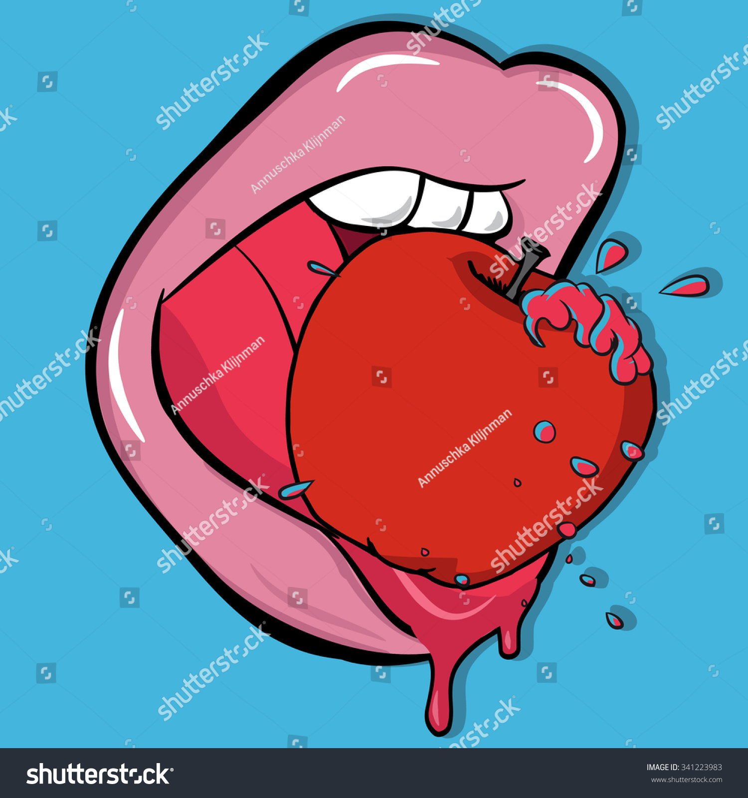 Pink Lips Biting Cherry: vector de stock (libre de regalías) 341223983