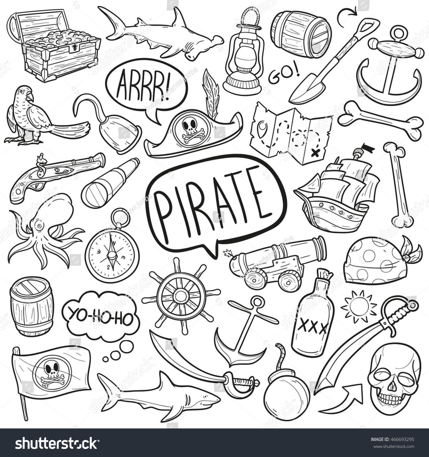 Pirate Objects Doodle Icons Hand Made Stock Vector (Royalty Free) 466693295