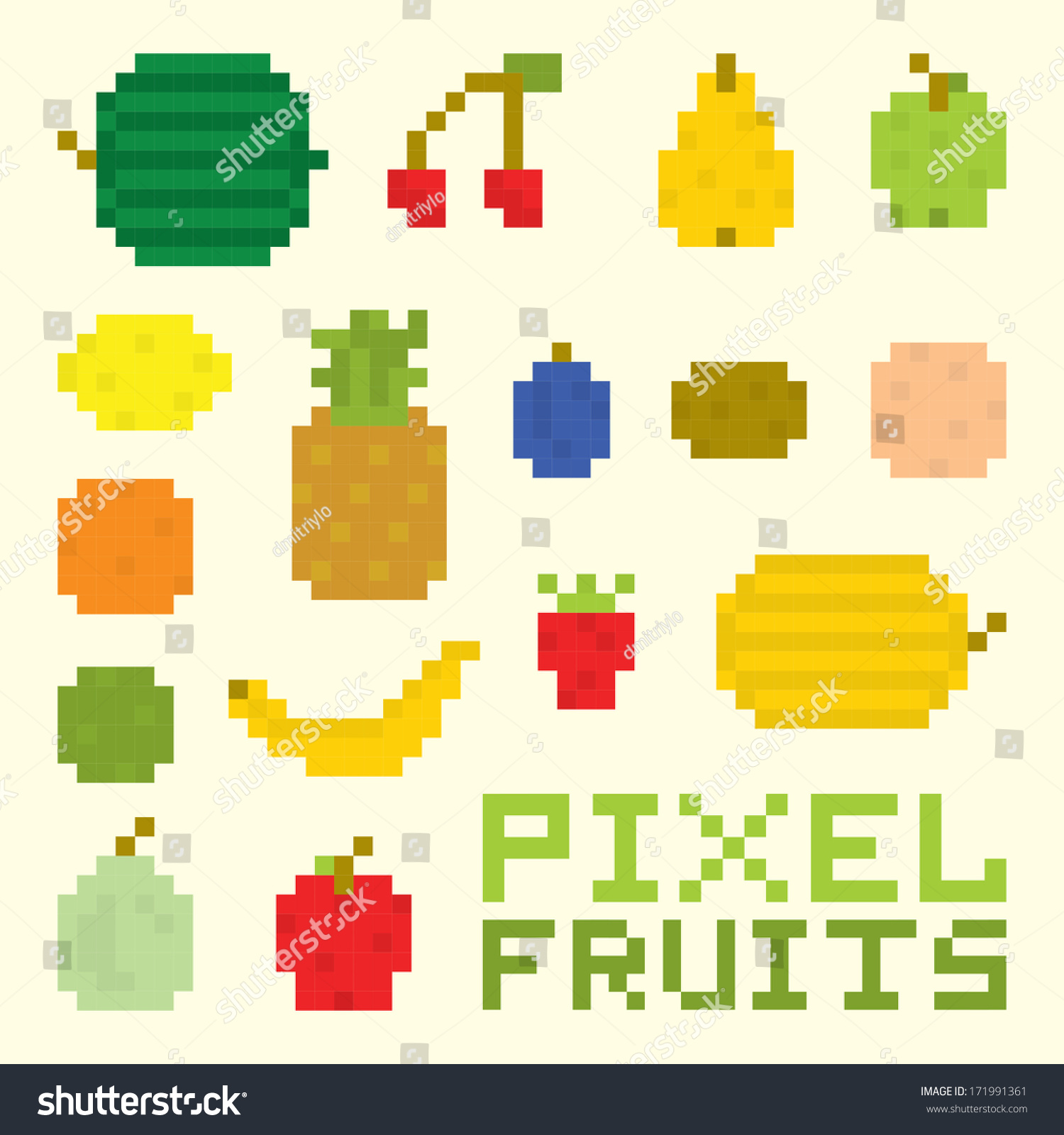 Pixel Art Fruits Isolated Vector Set Stock Vector (Royalty Free) 171991361