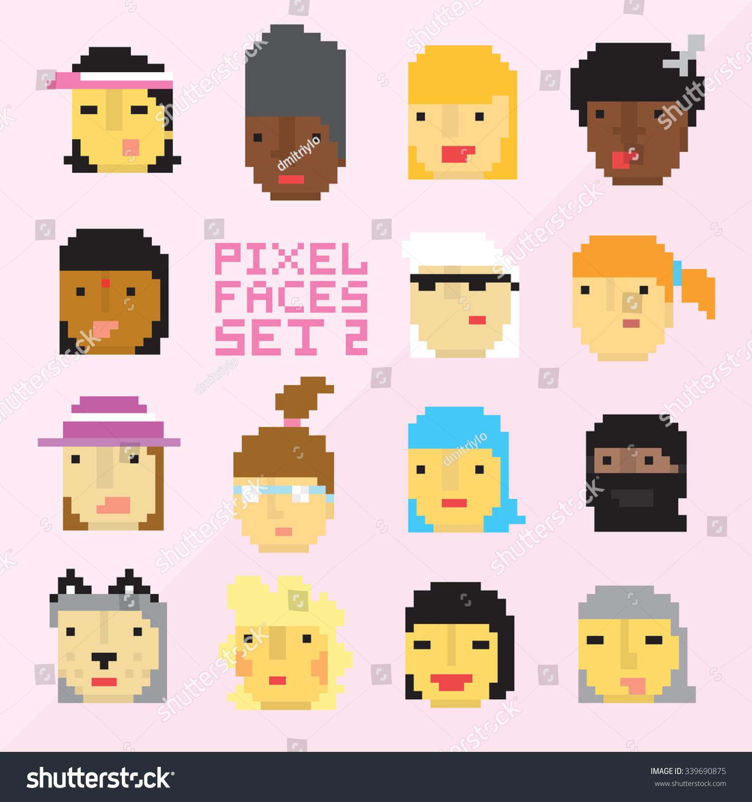 Pixel Art Style 15 Cartoon Faces Stock Vector (Royalty Free) 339690875