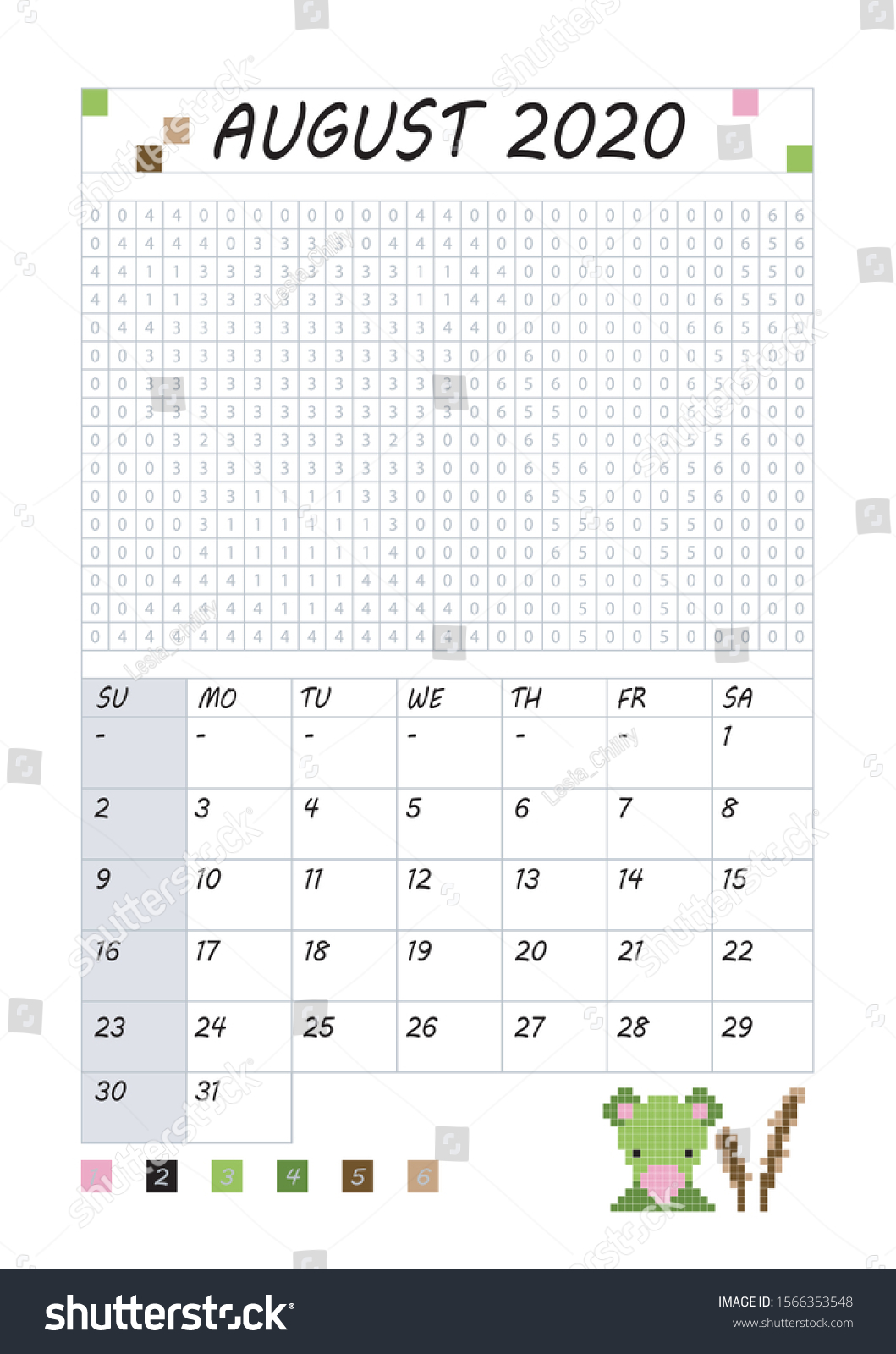 Pixel Coloring Calendar August Vector Illustration: เวกเตอร์สต็อก (ปลอด ...