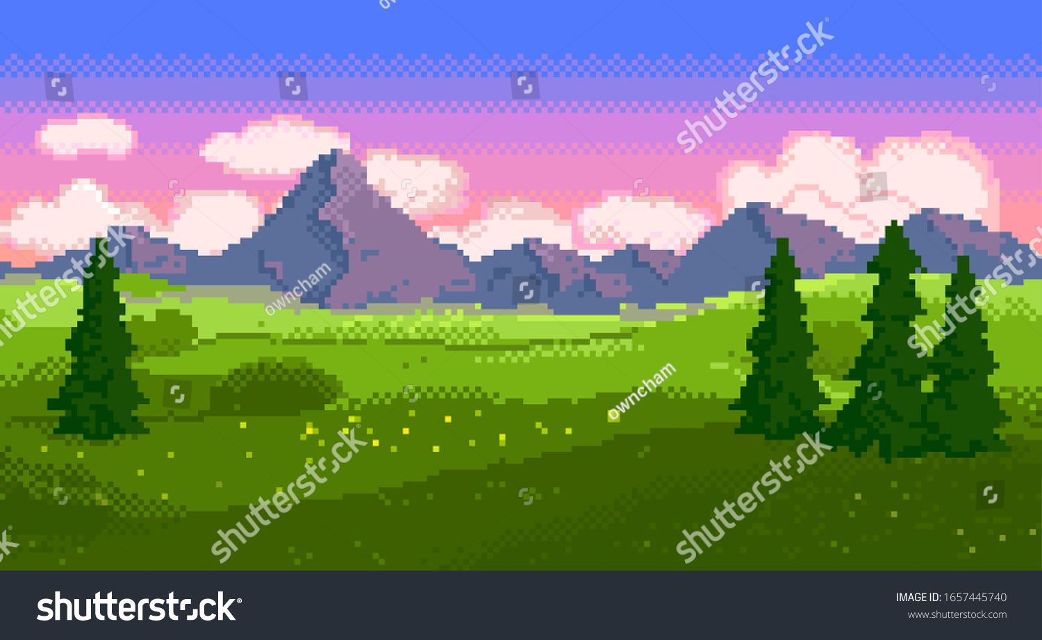 Pixel Sunset Landscape Fields Mountains Stock Vector (Royalty Free ...