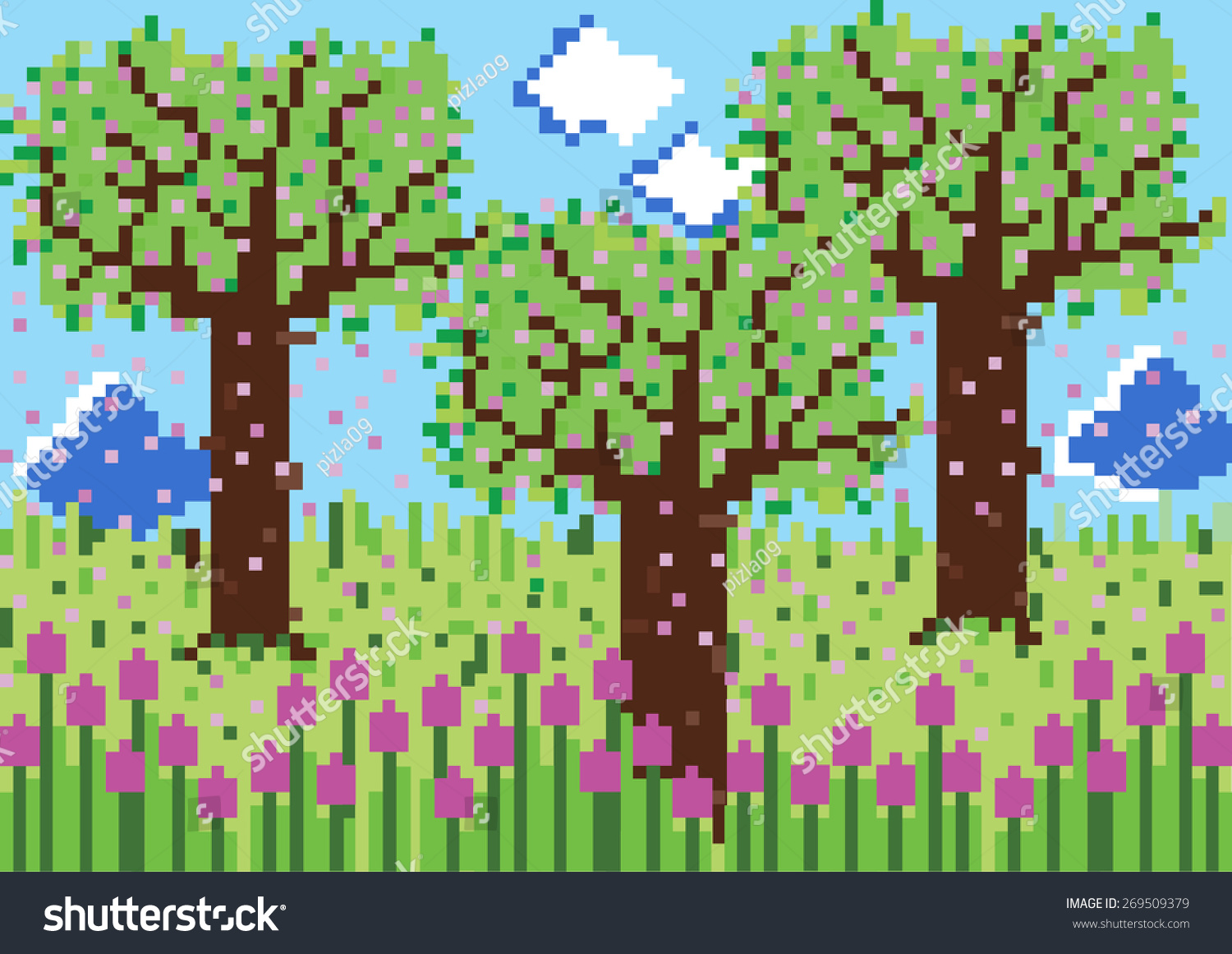 Pixels Spring Scene Trees Flowers Stock Vector (Royalty Free) 269509379
