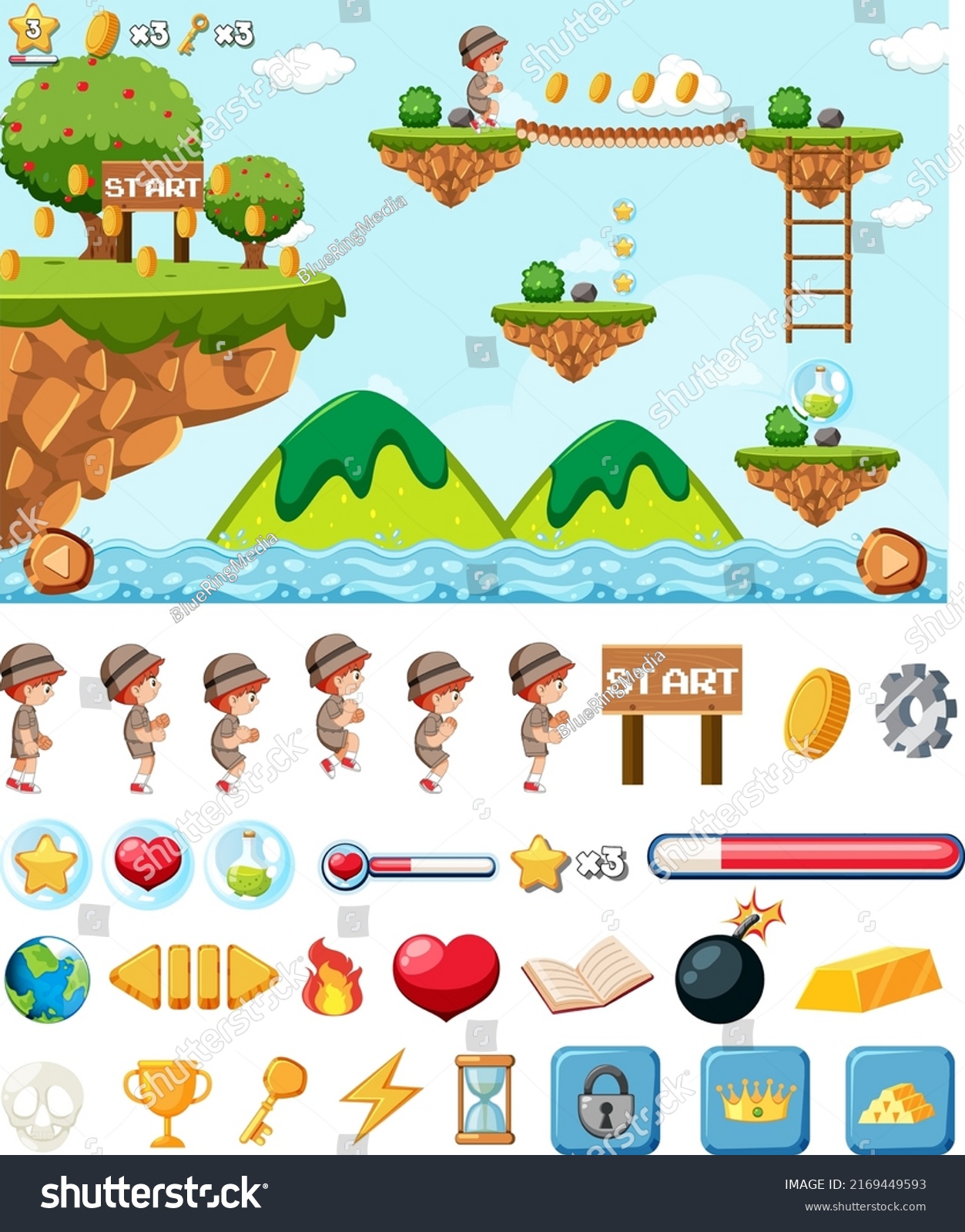 Platform Game Interface Design Icons Isolated Stock Vector (Royalty ...