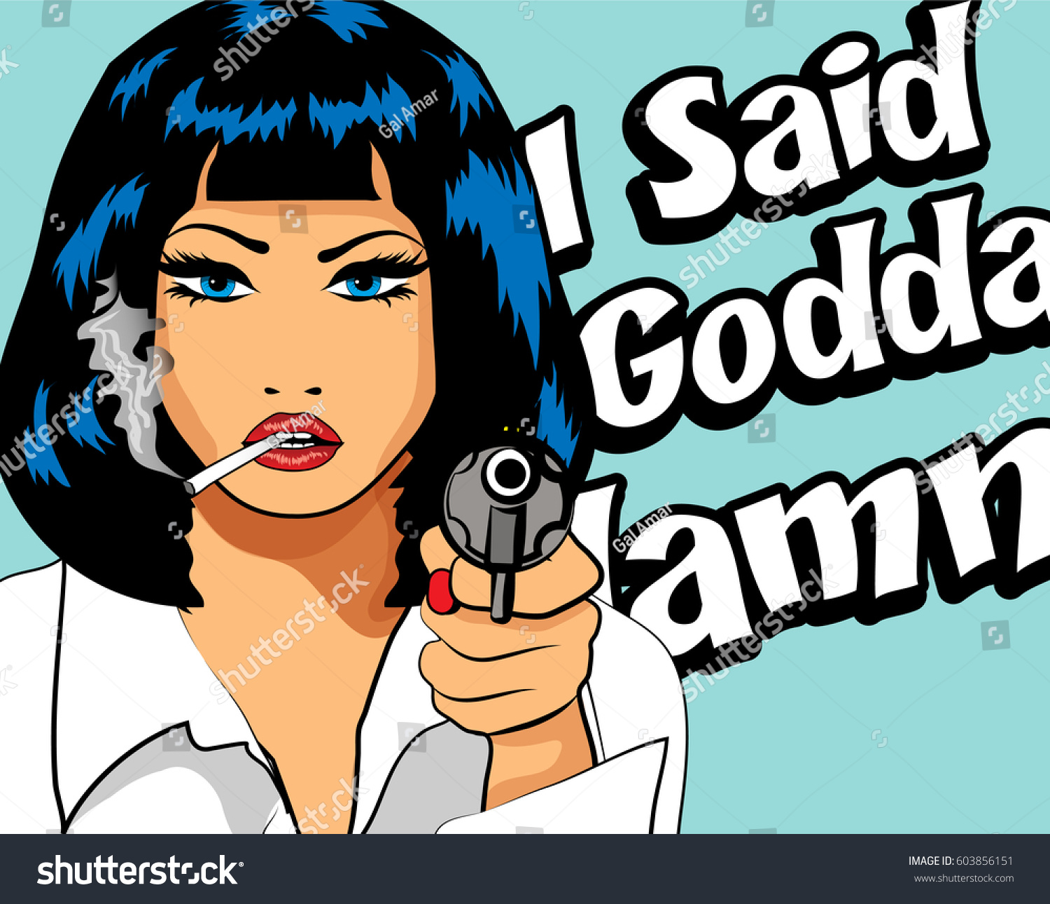 Pop Art Woman Pistol Cigarette Vector เวกเตอร์สต็อก ปลอดค่าลิขสิทธิ์