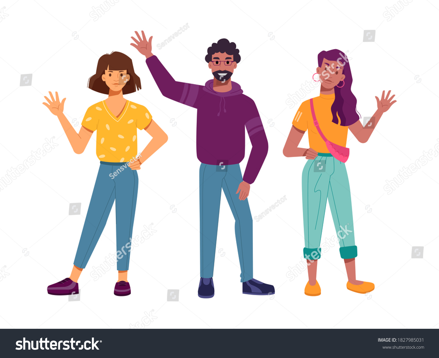 Positive Multiethnic Characters Waving Hands Isolated Stock Vector (Royalty Free) 1827985031 ...