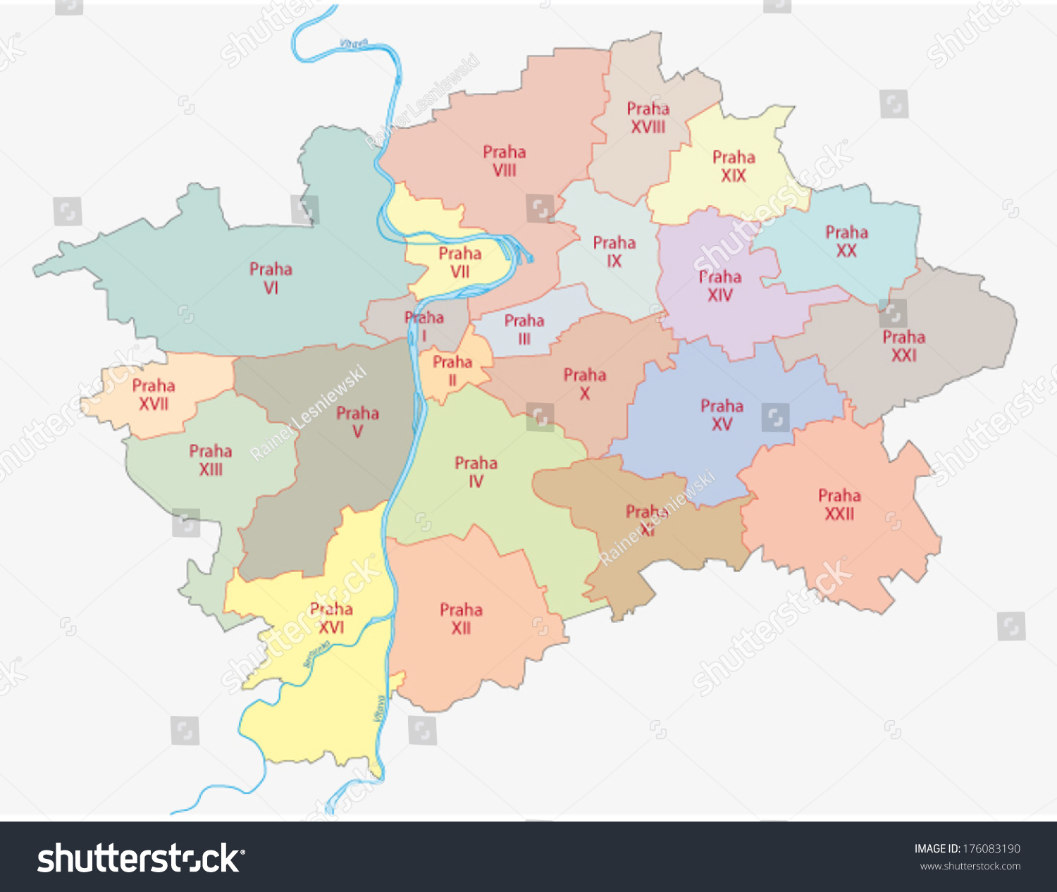 Prague Administrative Map Stock Vector 176083190 - Shutterstock