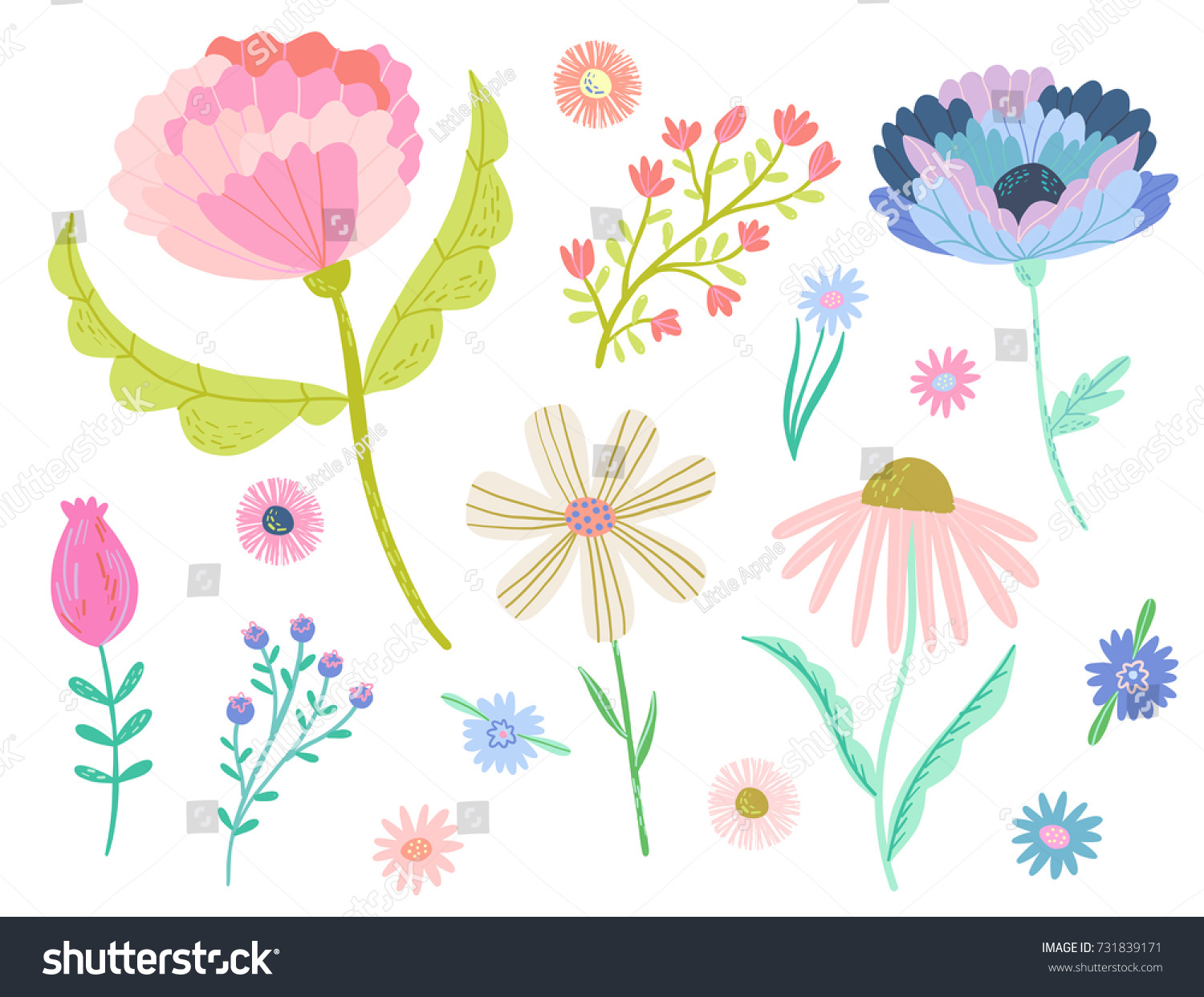 Pretty Vector Flower Clip Art Set Stock Vector 731839171 - Shutterstock