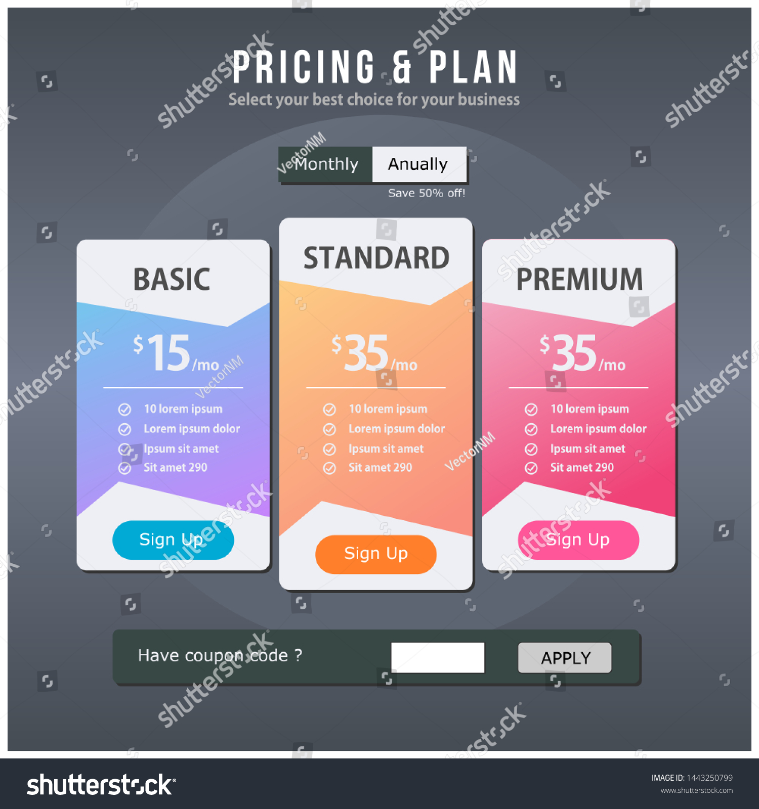 Pricing Plan Ui Design Full Color 스톡 벡터(로열티 프리) 1443250799 | Shutterstock