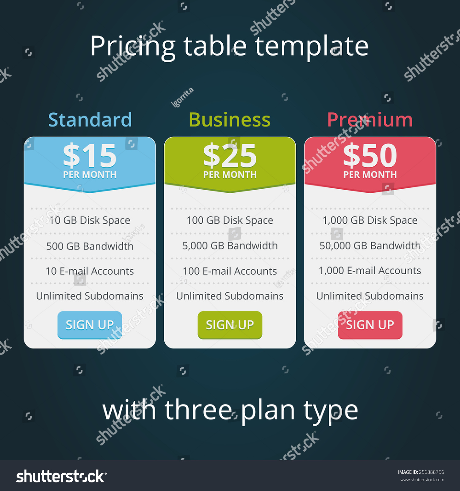 Pricing Table Template Three Plan Type Stock Vector (Royalty Free ...