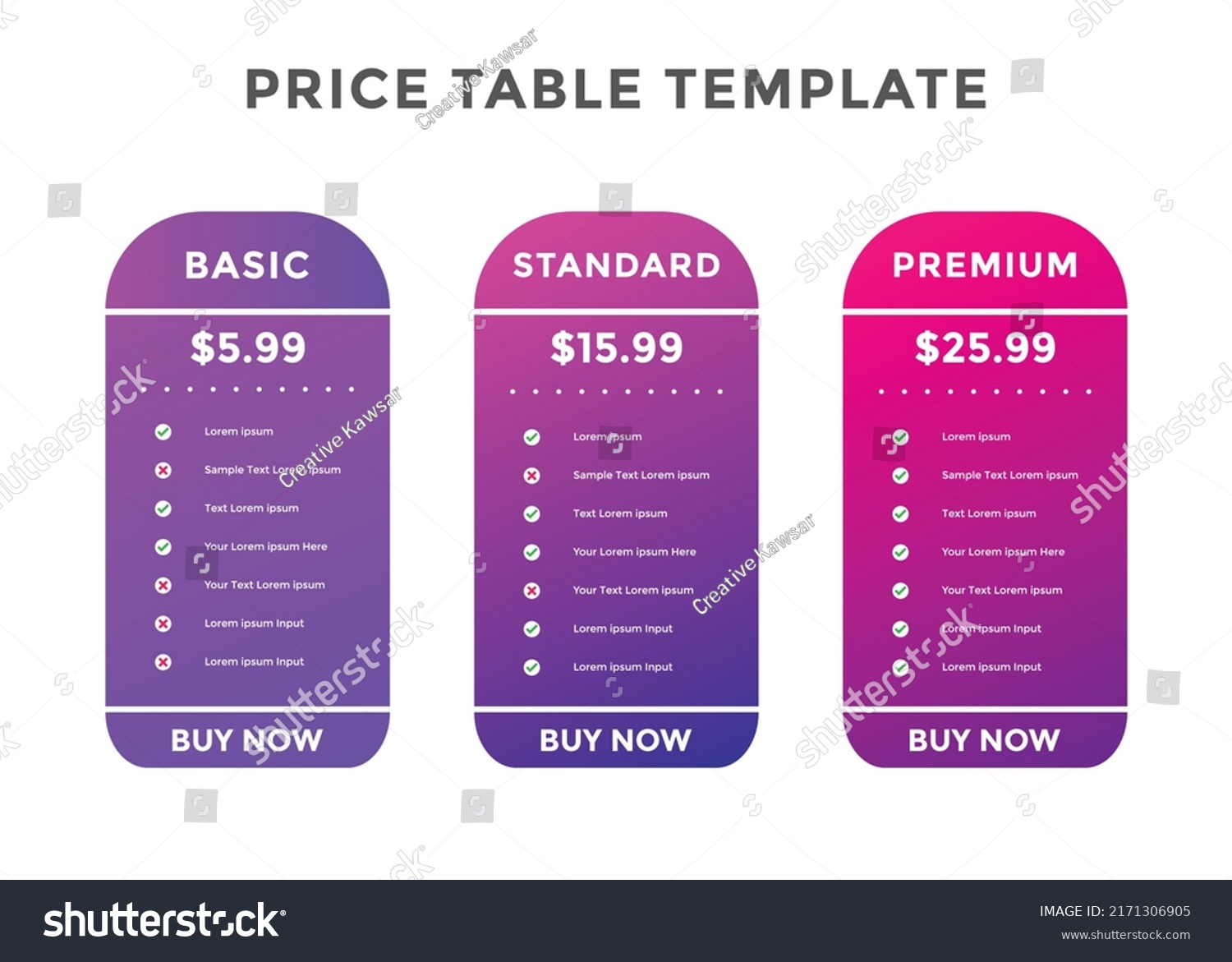 Product Price Table Template Subscription Package Stock Vector (Royalty ... Product Price Table Template Subscription Package Stock Vector (Royalty ...