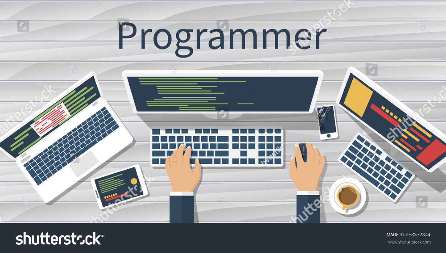 Programmer Computer Desk Working On Program Stock Vector Royalty Free 458832844