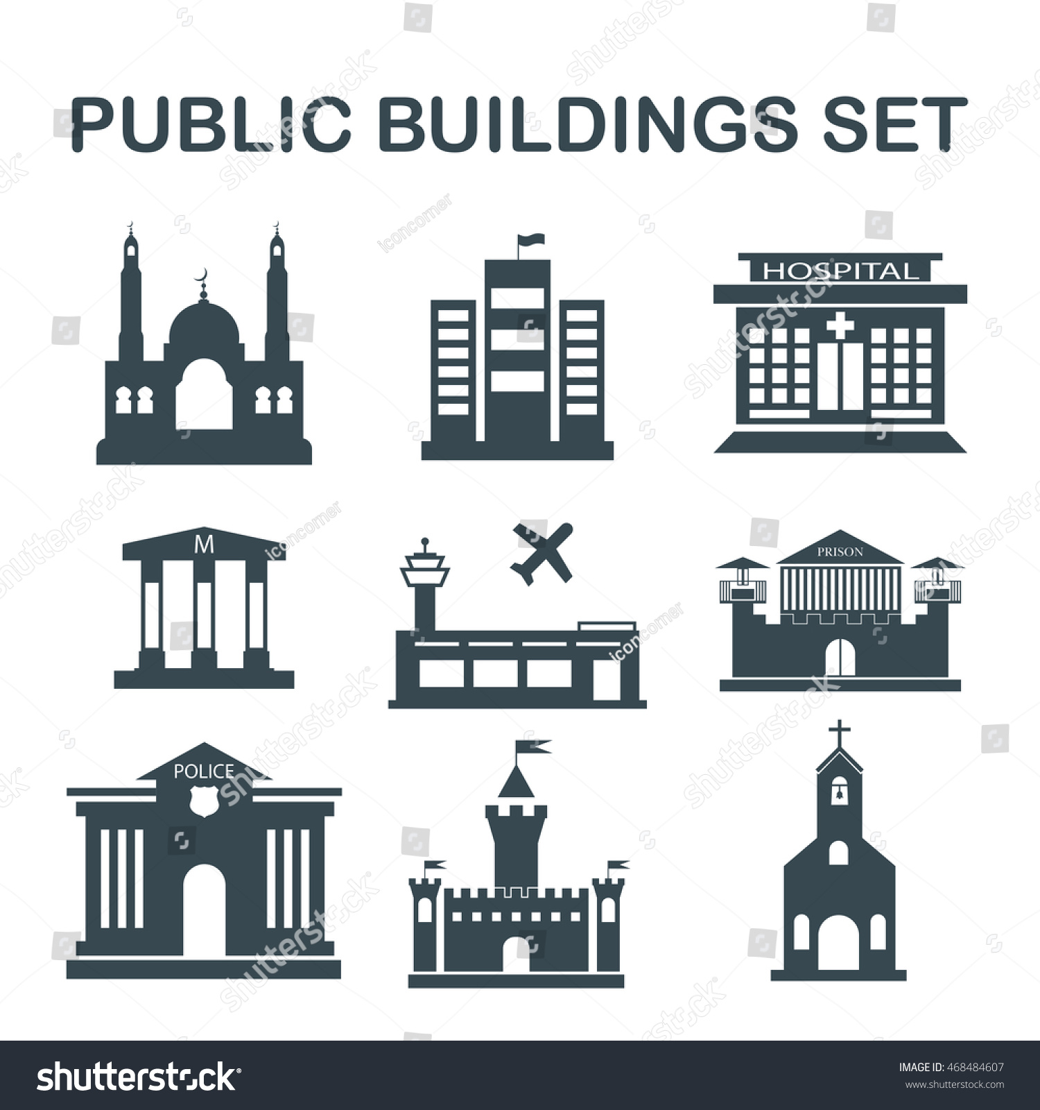 Public Buildings Icon Set Vector: vector de stock (libre de regalías ...