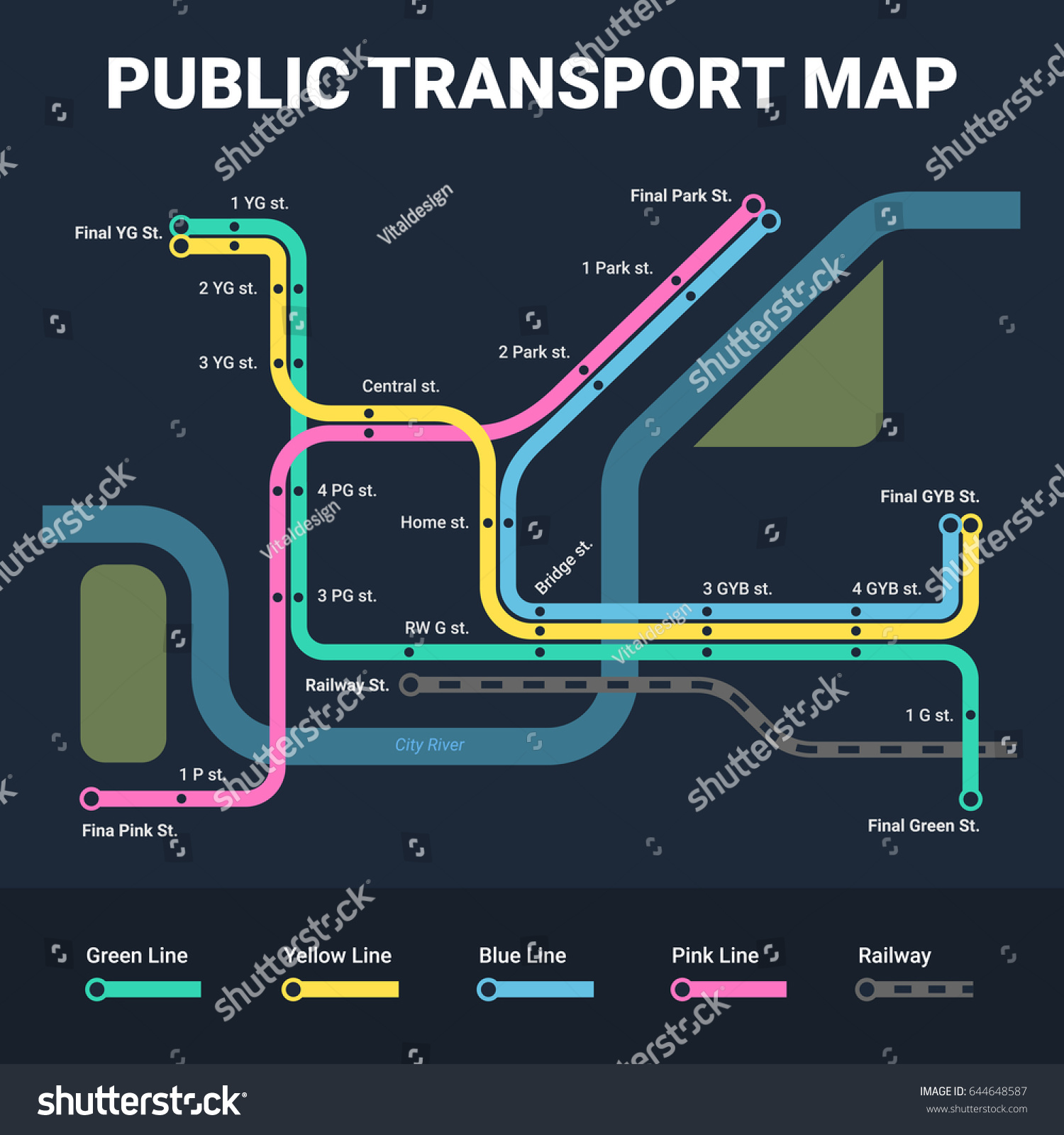 Vektor Stok Public Transport Map Dark Background (Tanpa Royalti ...