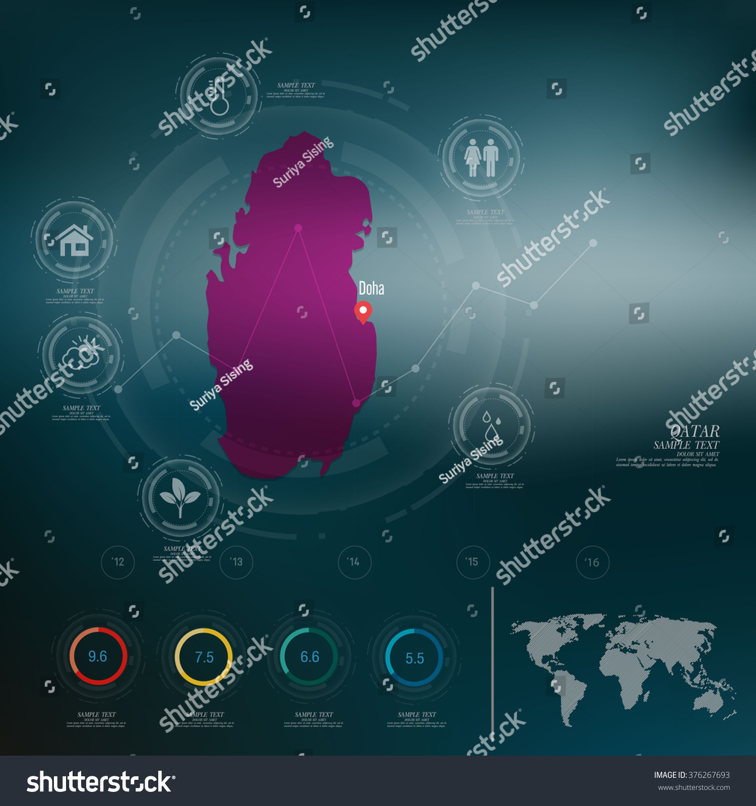 Qatar Map Infographic: เวกเตอร์สต็อก (ปลอดค่าลิขสิทธิ์) 376267693