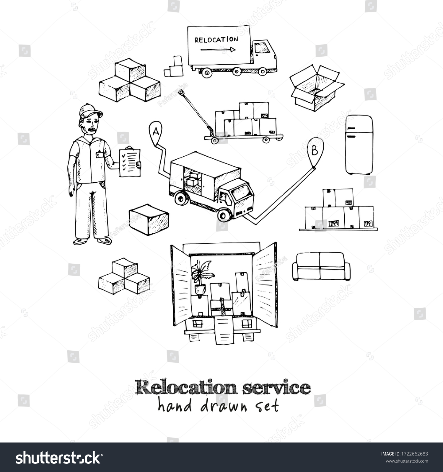 Relocation Service Isolated Hand Drawn Doodles Stock Vector (Royalty ...