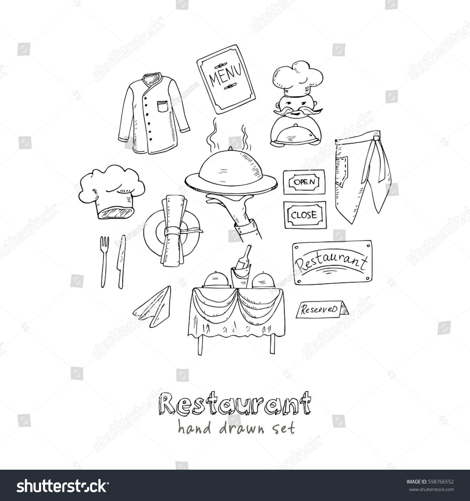 Restaurant Doodle Set Hand Drawn Vector Stock Vector (Royalty Free ...