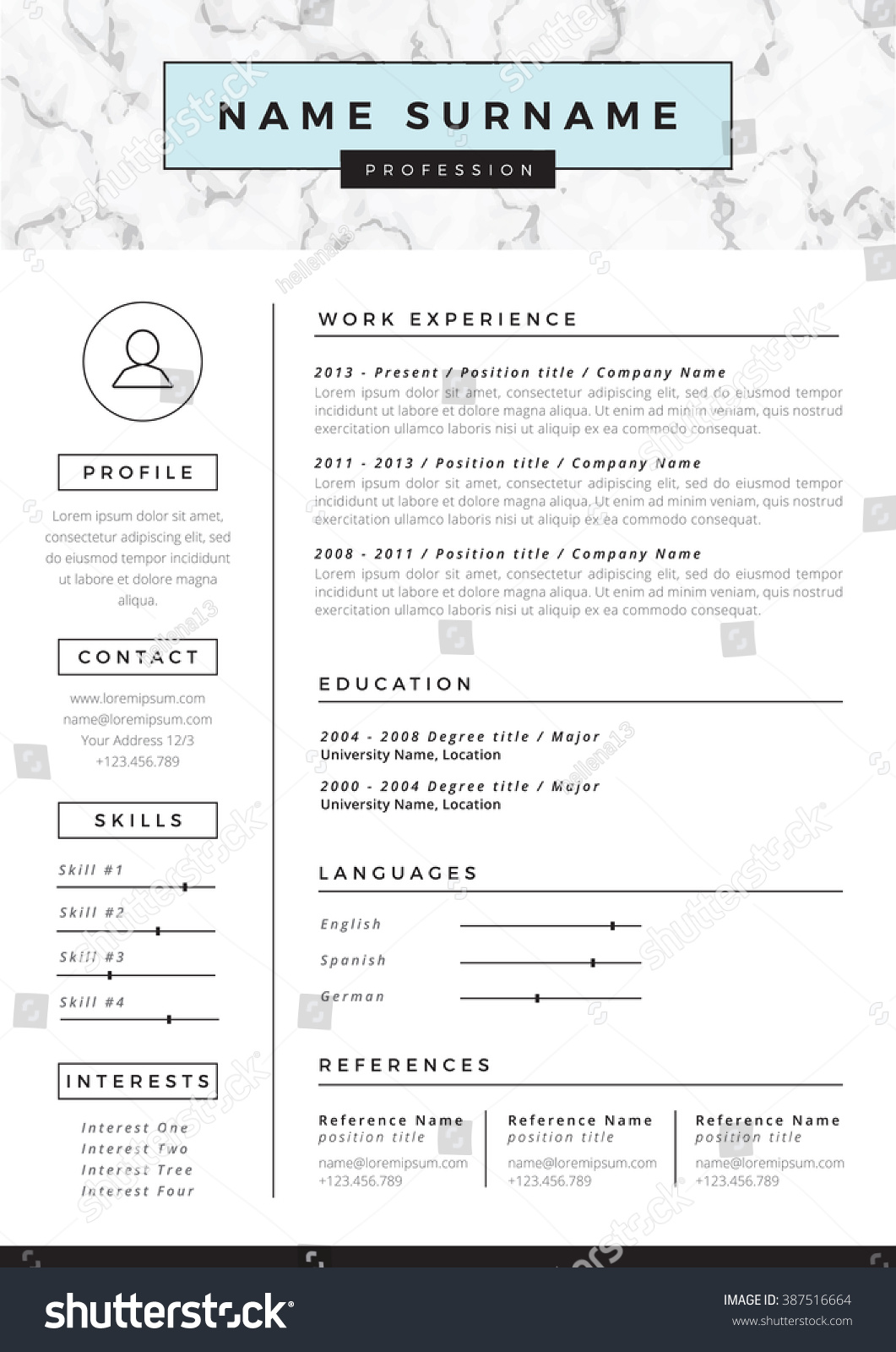 Resume Template Marble Texture Stock Vector (Royalty Free) 387516664