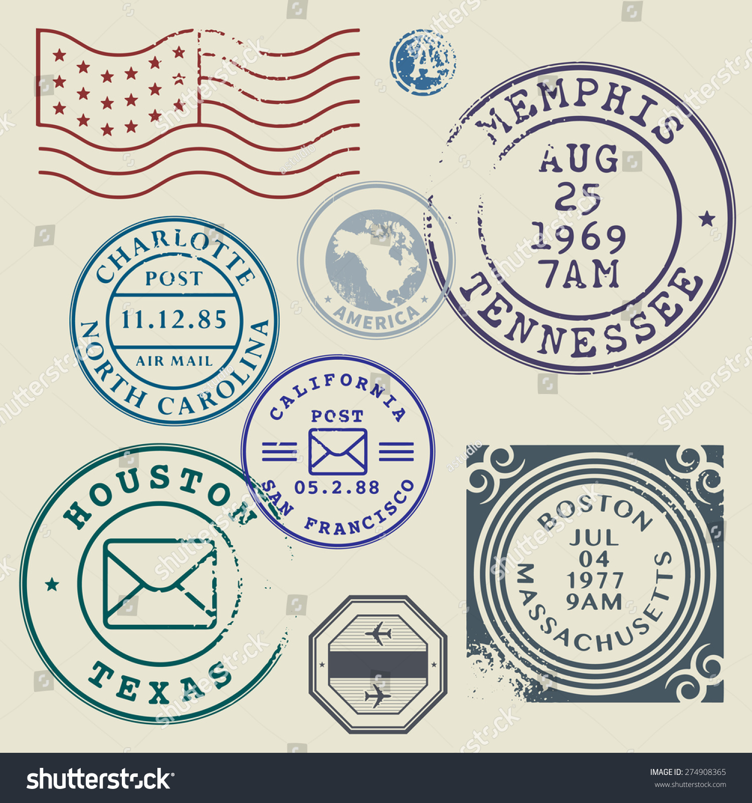 Retro Postage Stamps Set Vector Illustration Stock Vector (Royalty Free ...
