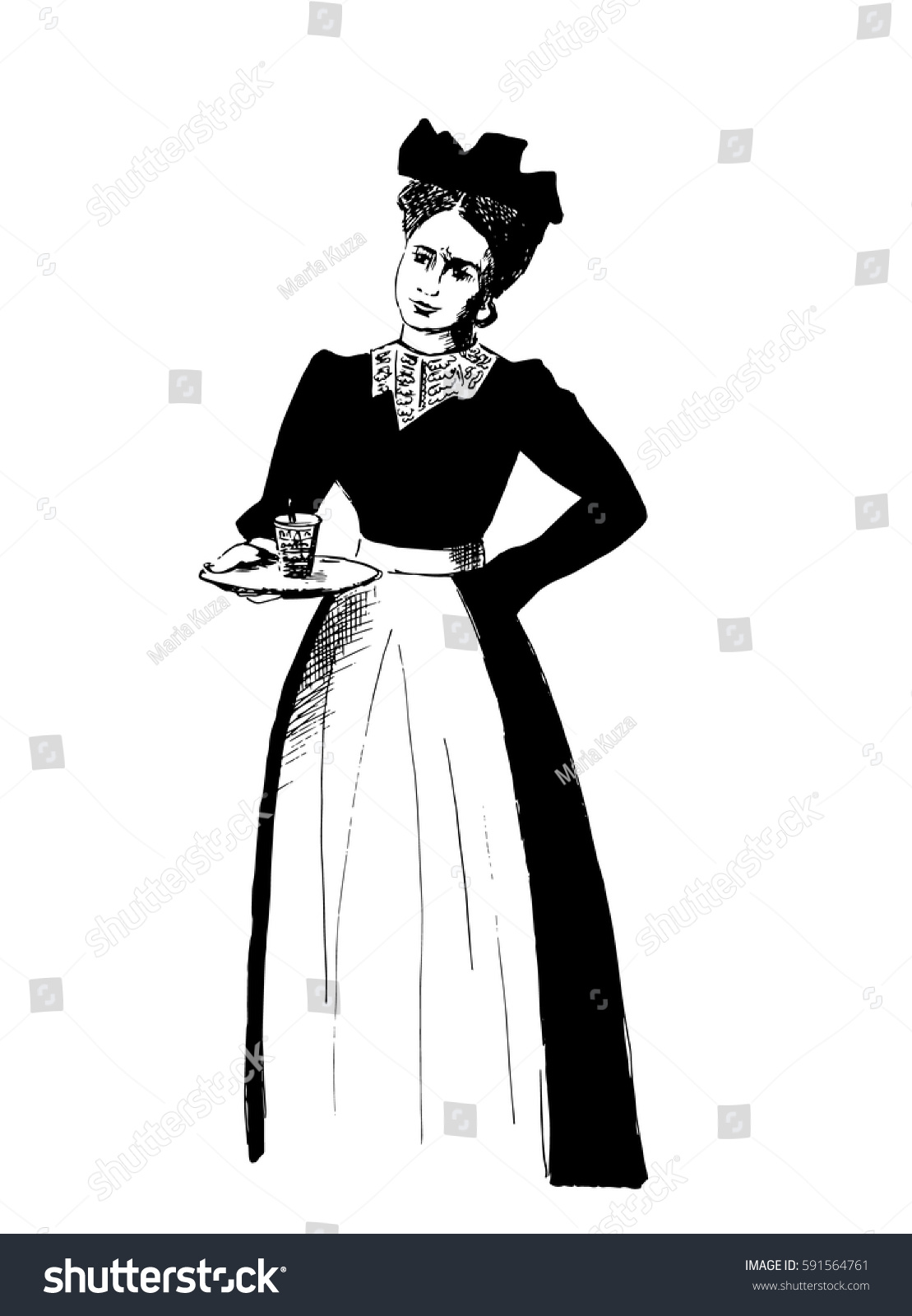 Retro Waitress Hand Drawn Vector Illustration Stock Vector (Royalty ...