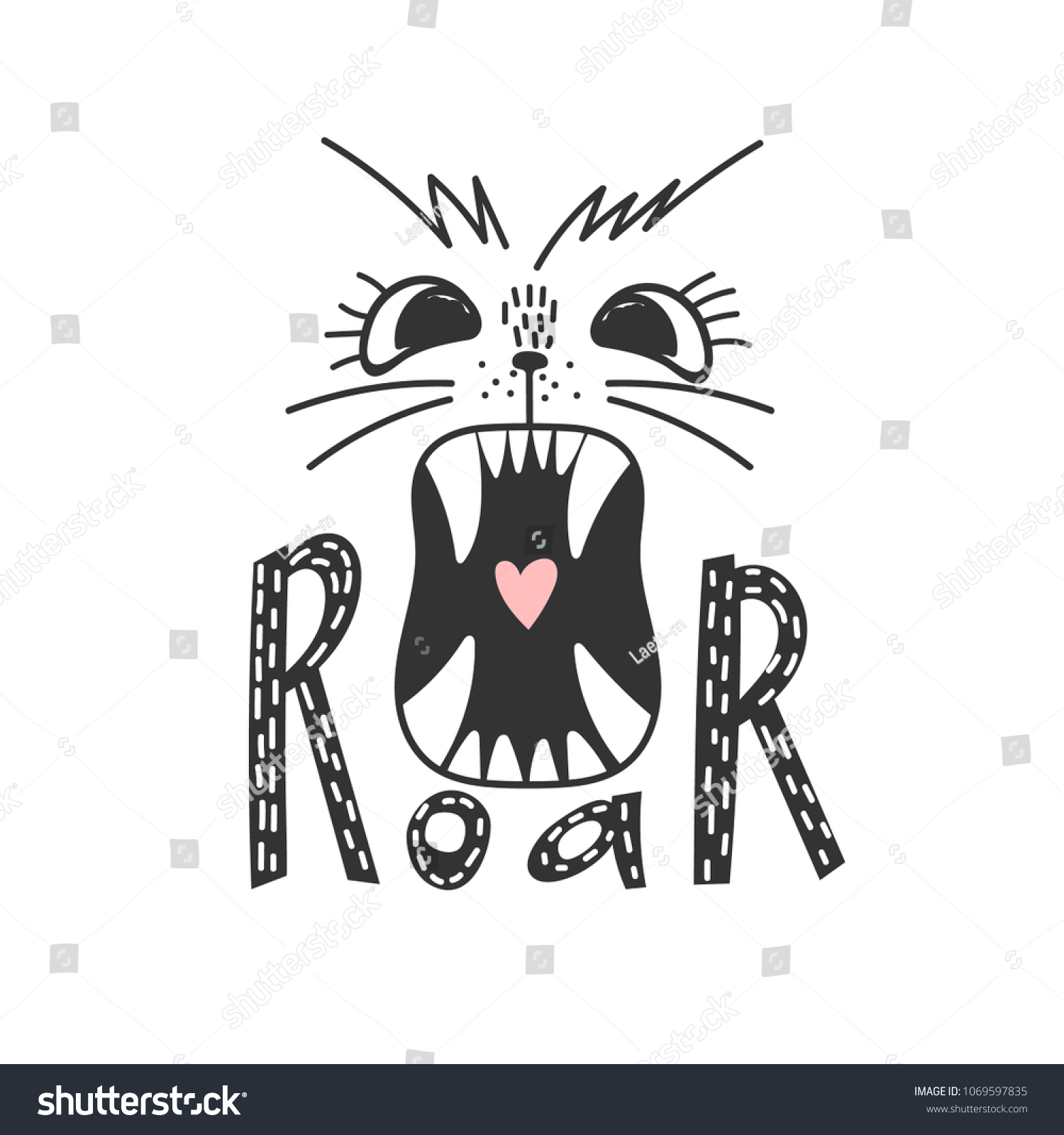 Roaring Cartoon Cat Face Vector Hand: vector de stock (libre de ...