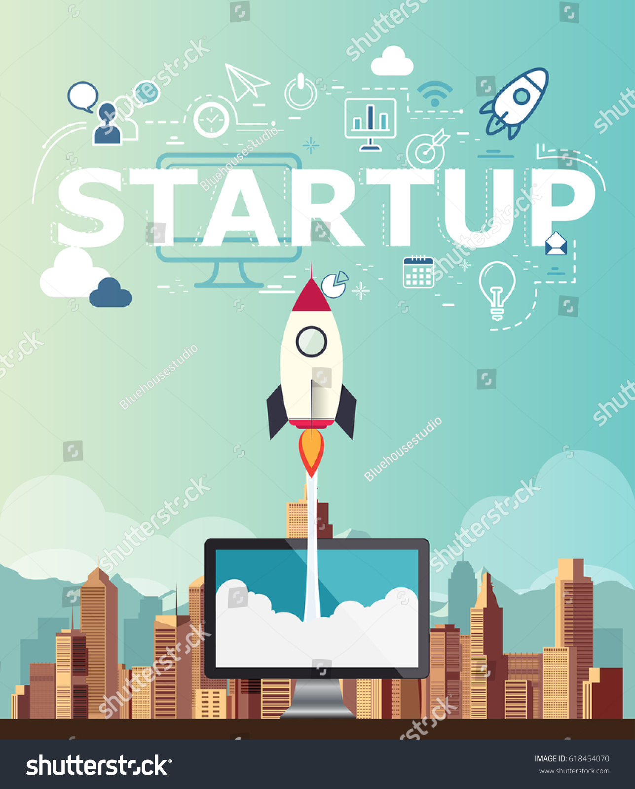 Rocketship On Computer Startup Media Stock Vector (Royalty Free ...